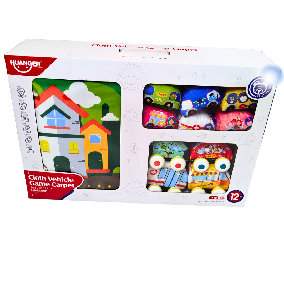 🚗 Cloth Vehicle Play Mat with 10 Soft Cars – Foldable Road Carpet for ...